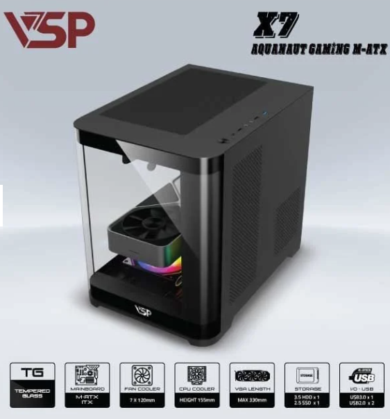Vỏ case máy tính VSP AQUANAUT PRO GAMING M-ATX X7 - Màu đen, không kèm fan