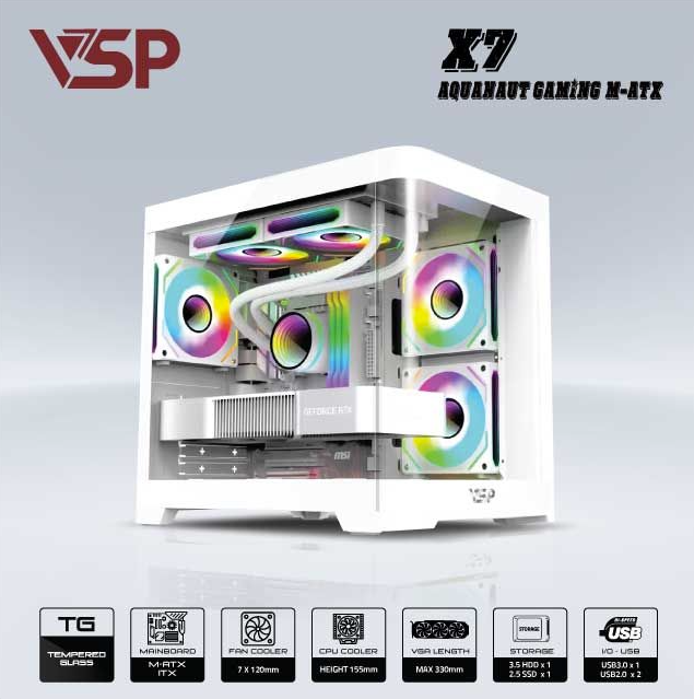 Vỏ case máy tính VSP AQUANAUT PRO GAMING M-ATX X7 - Màu trắng, không kèm fan