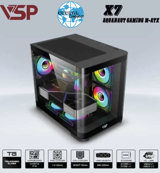 Vỏ case máy tính VSP AQUANAUT PRO GAMING M-ATX X7 - Màu đen, không kèm fan