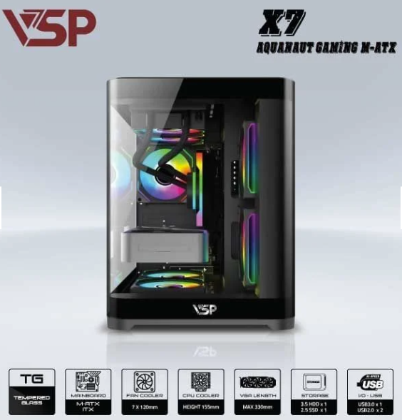 Vỏ case máy tính VSP AQUANAUT PRO GAMING M-ATX X7 - Màu đen, không kèm fan