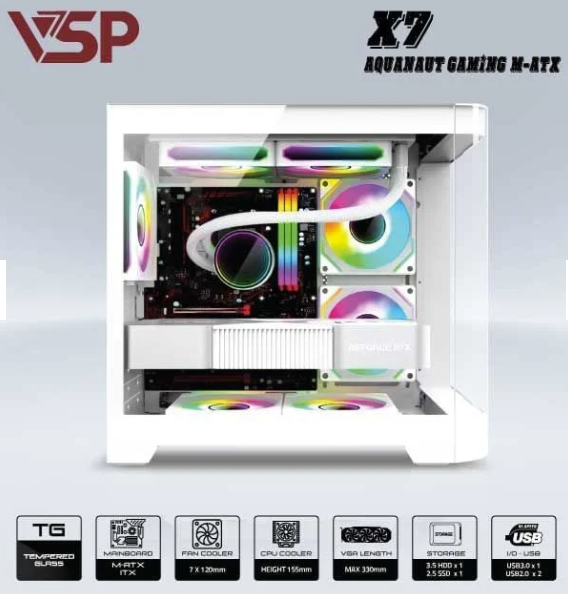 Vỏ case máy tính VSP AQUANAUT PRO GAMING M-ATX X7 - Màu trắng, không kèm fan